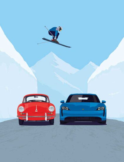 ポルシェ356の上をスキーでジャンプ…からの、タイカンターボの上をジャンプ